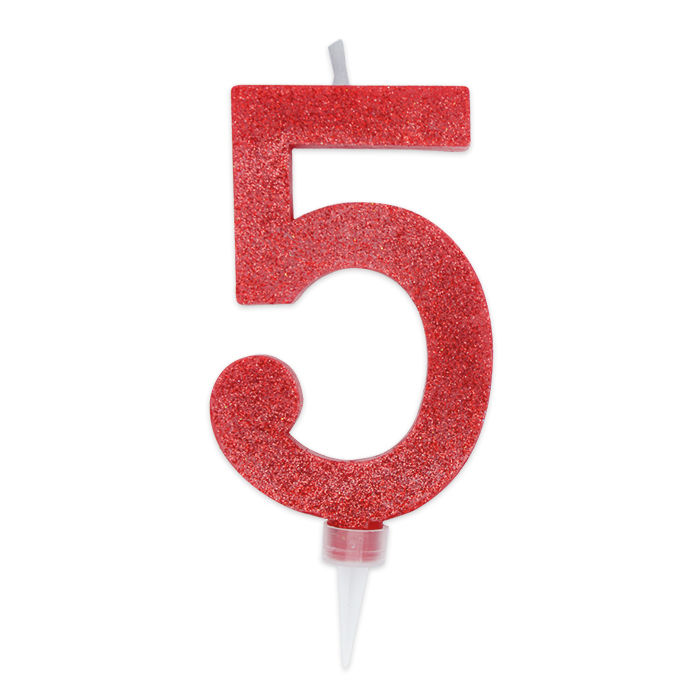 Partycolare- Candela Max Numero 5 Rosso Glitter 15 cm